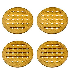 Weikai 11, Set of 4, Solid Bamboo Wood Trivets with Non-Slip Pads for Hot Dishes and Pot (7" Round)