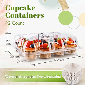 NPLUX 12 Count Cupcake Containers 12 Pack Cupcake Holders Plastic Stackable Cupcake Boxes with Detachable Tall Dome Lids and 144 Liners for 144 Cupcakes, BPA Free, Standard Size