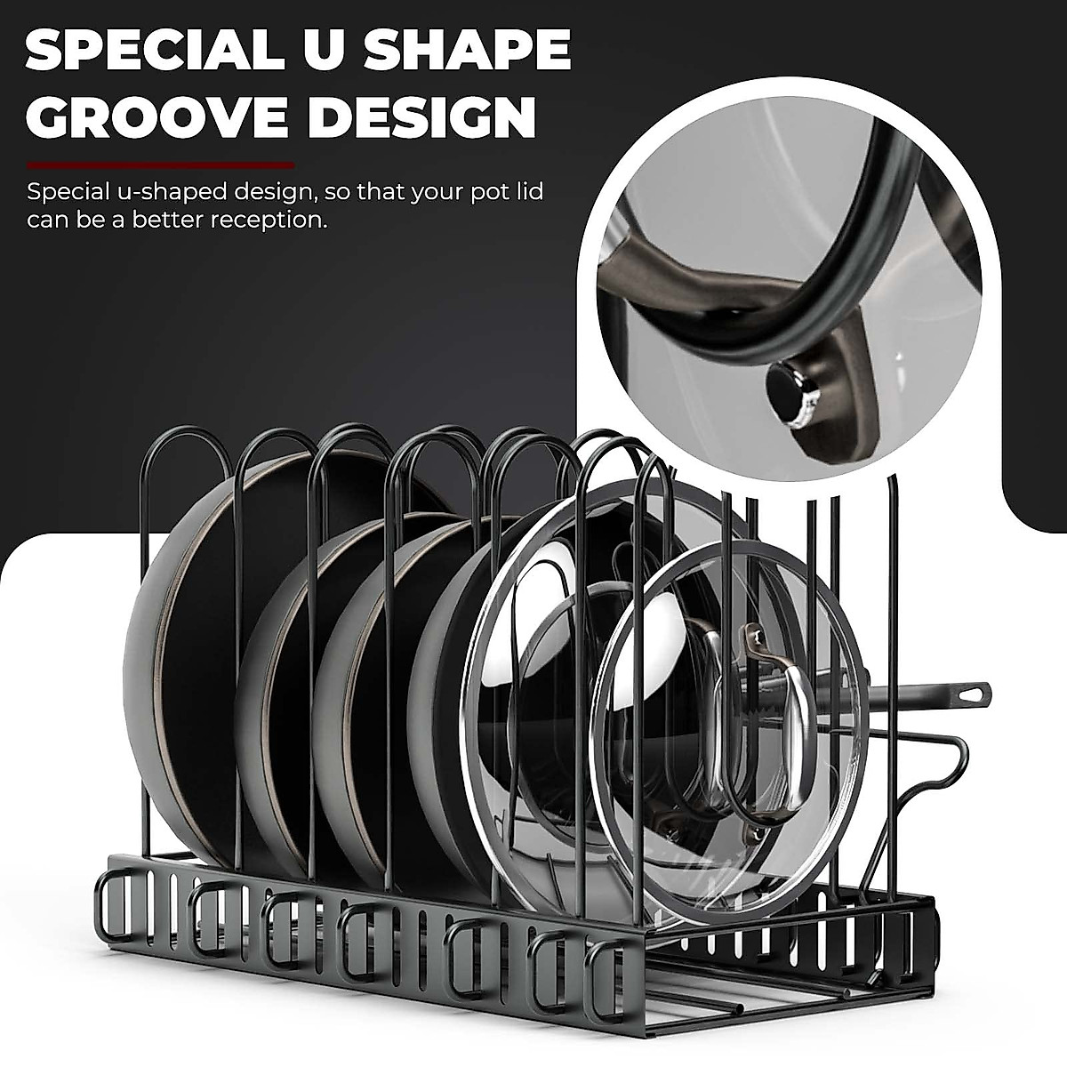 Vdomus Pan Organizer with Pot lid Holder Handle Bracket Design, Black Metal Kitchen Pot and pan organizer rack for cabinet or Counter, pot organizer with 7 adjustable dividers
