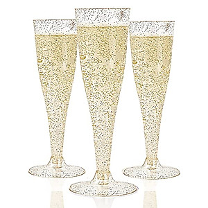 JOLLY CHEF 30 Pack Plastic Champagne Flutes Disposable 4.5 Oz Gold Glitter Plastic Champagne Glasses Perfect for Wedding, Thanksgiving Day, Christmas