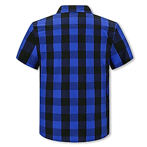 Cromoncent Mens Plaid Shirt Short Sleeve Summer Button Down Shirts Buffalo Plaid Blue, Large