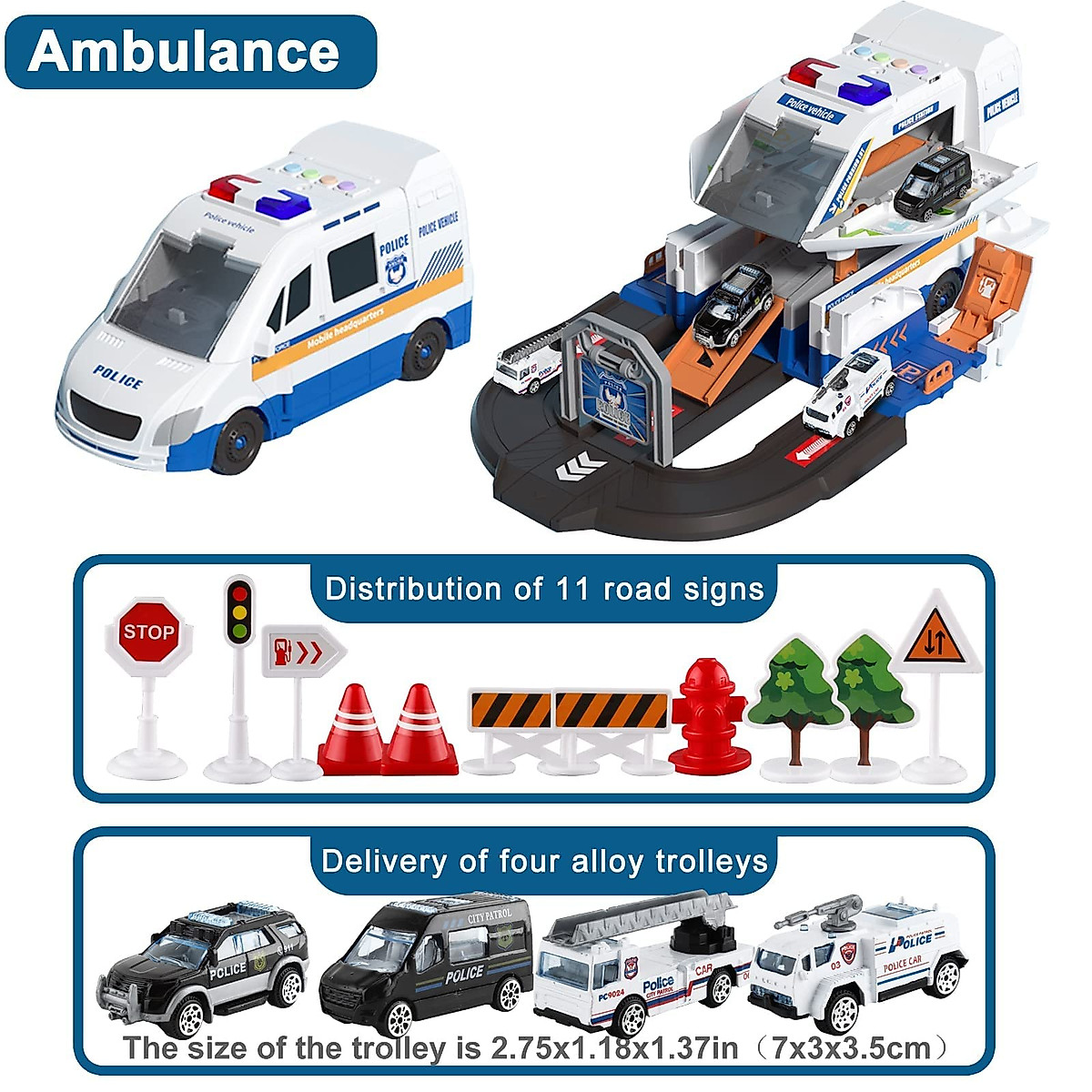 BBnote Ambulance Toy for Kids, Police Car Toy in 2 Modes - Car Mode or Track Mode, Car Garage Toys with 4 Die Cast Mini Cars
