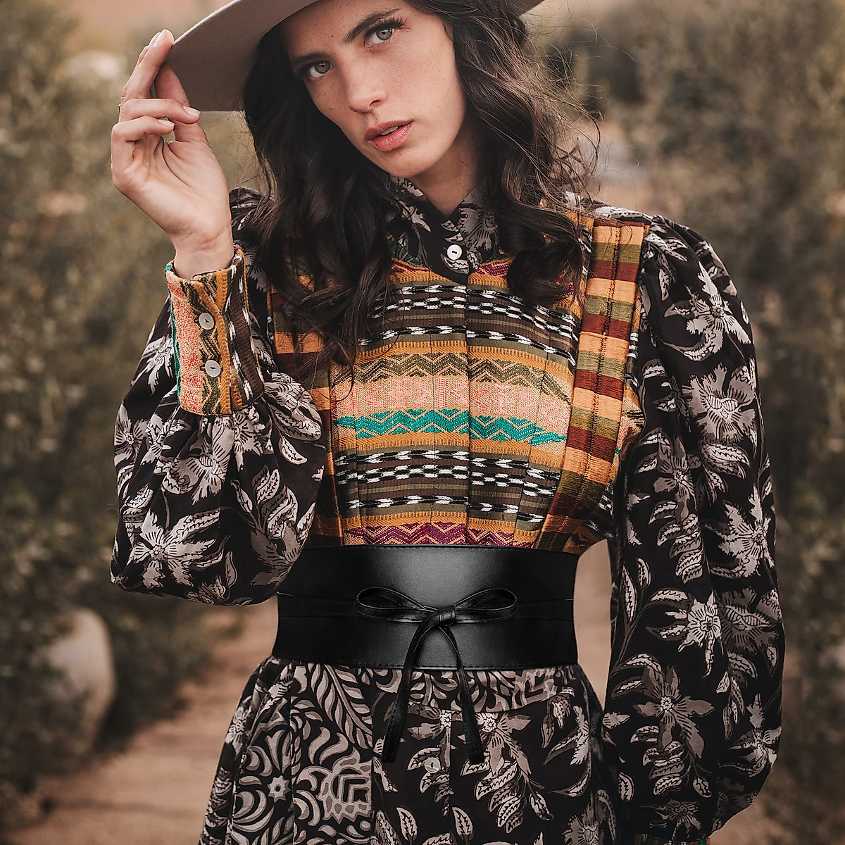 macoking Thick Black Wide Obi Belts for Women Faux Leather Corset with Lace Up Wrap Style S