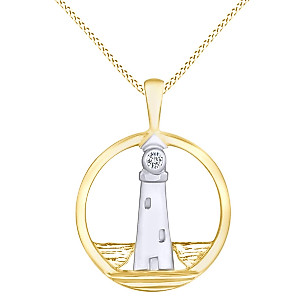 Round Shape White Natural Diamond Accent Two Tone Lighthouse Pendant Necklace In 10k Yellow Gold