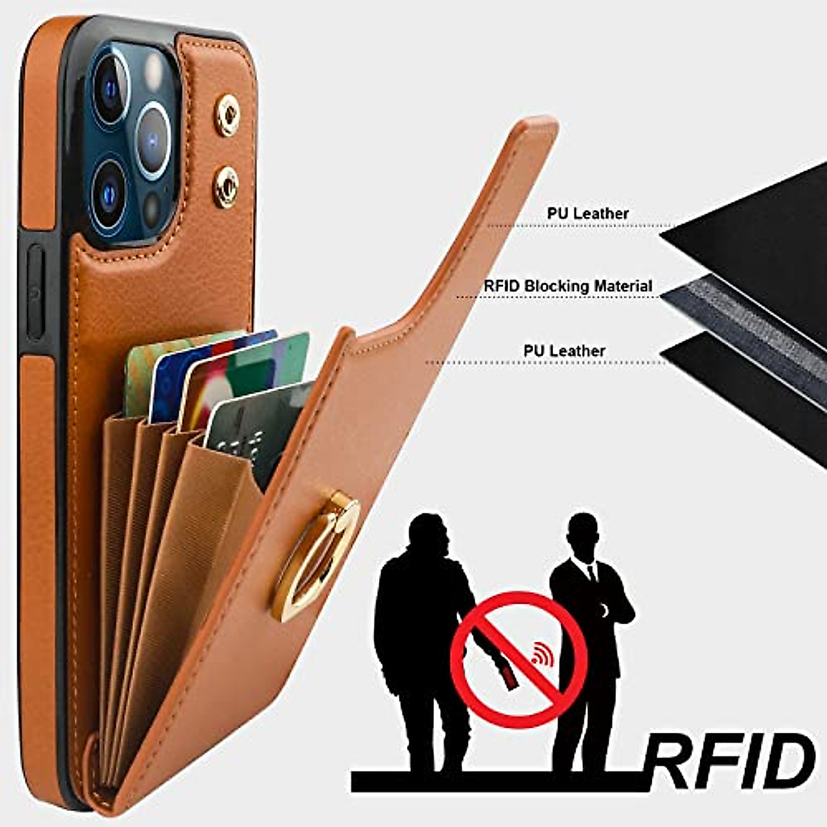 Folosu Compatible with iPhone 13 Pro Max Case Wallet with Card Holder, 360°Rotation Finger Ring Holder Kickstand Protective RFID Blocking PU Leather Double Buttons Flip Shockproof Cover 6.7 Inch Brown