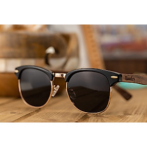 Woodies Gold Semi-Rimless Walnut Wood Retro Sunglasses for Men and Women | Black Polarized Lenses and Real Wooden Frame | 100% UVA/UVB Protection
