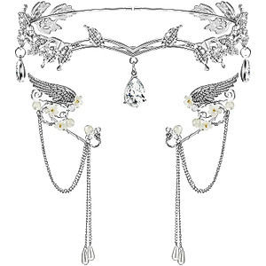 Hicarer 3 Pcs Halloween Rhinestone Leaf Headband Metal Elf Ears Cuffs Fairy Costume Crown Cosplay Accessories for Women(Silver)