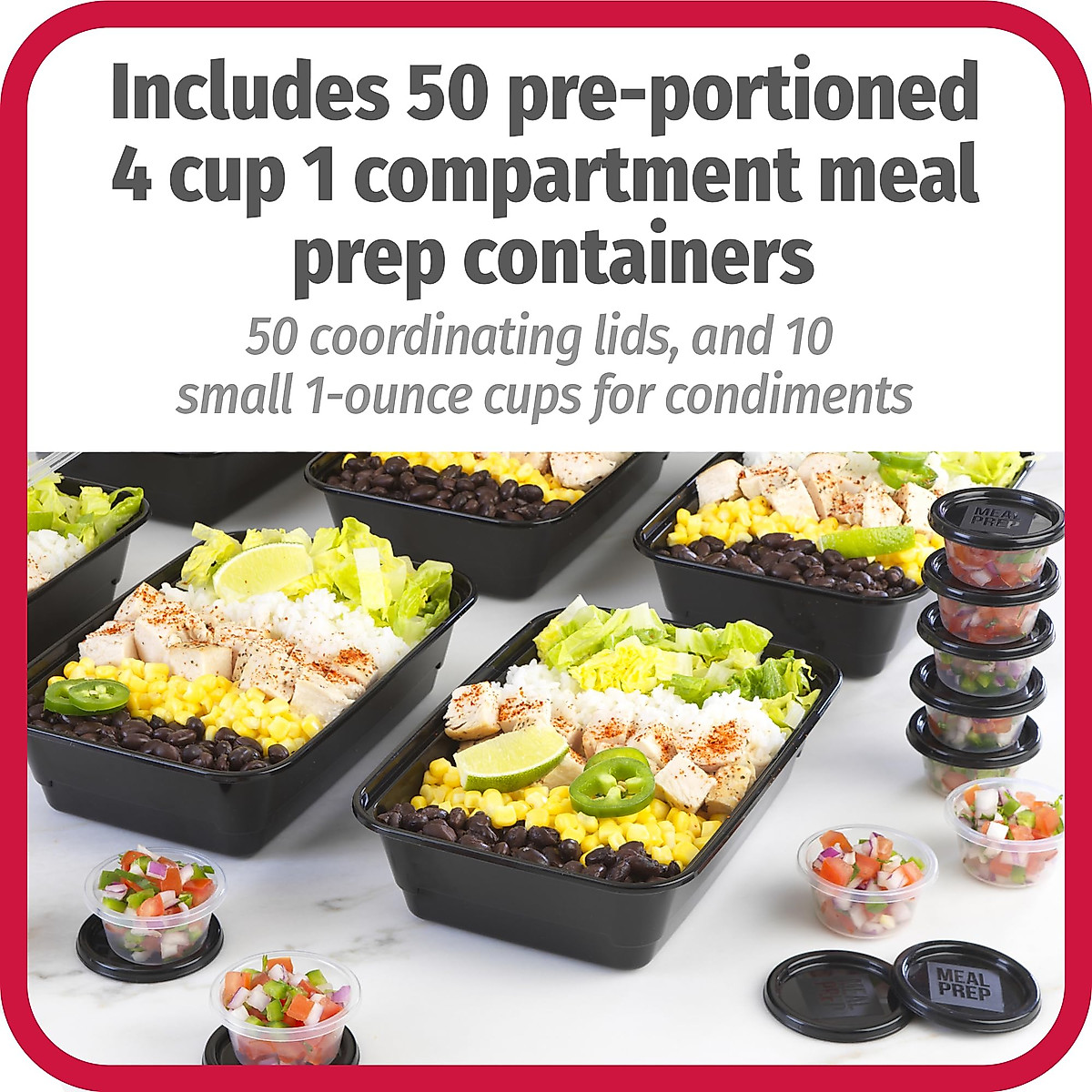 GoodCook Meal Prep 1-Compartment Reusable Food Storage Container Set with 50 Containers, Lids and Condiment Cups, Black