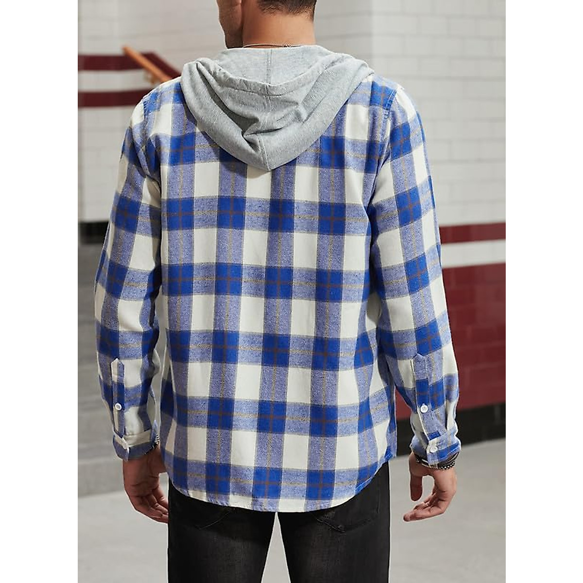 JMIERR Mens Flannel Hoodie Plaid Shirt Jackets Casual Button Down Long Sleeve Lightweight Shirts,US 46 (XL),0Sky Blue