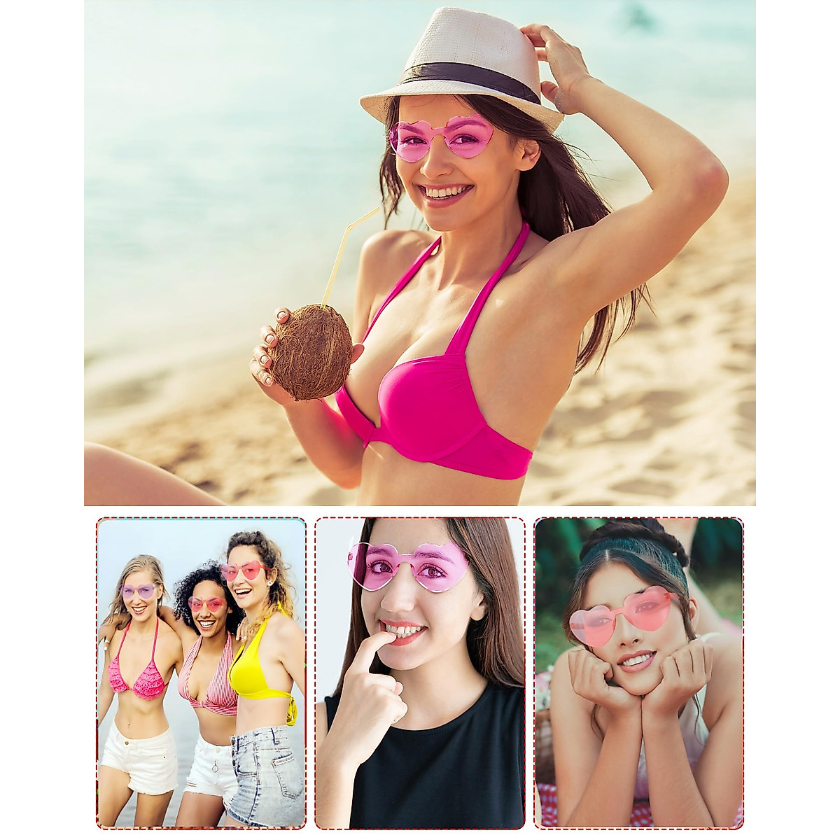 ZHANGBY 9 Pairs Heart Sunglasses Trendy Transparent Candy Color Party Hot Pink Glasses