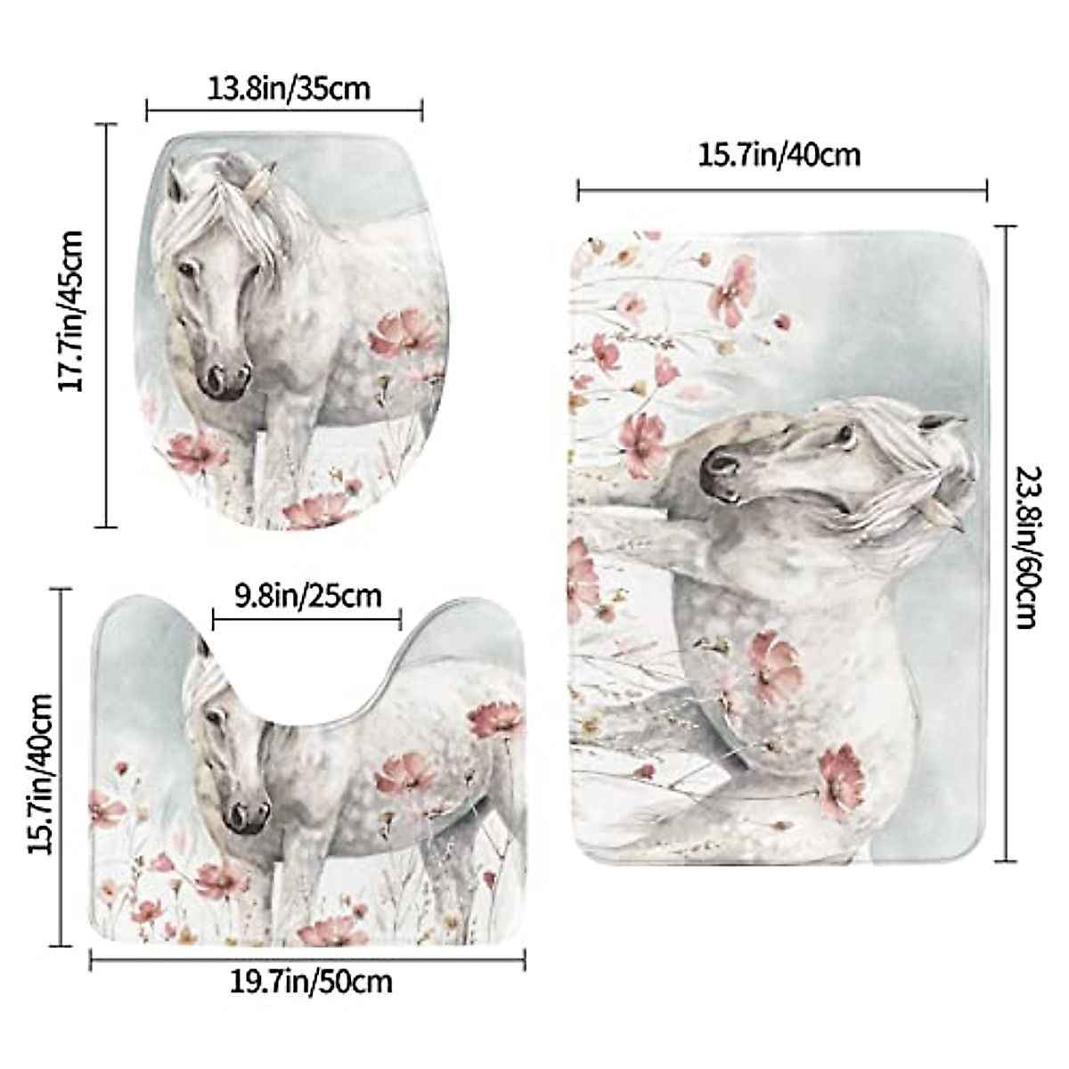 ELBULL Horse Surrounded by Flowers Print Flannel Anti Slip Mat 3 Pieces/Set Super Soft Non Slip Rugs Super Absorbent Bathroom
