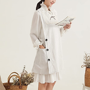 Cotton Linen Apron Wheat White Color Lace & Bow Decoration Aprons Japanese Style Girl Style Side Button Kitchen Cooking Clothes