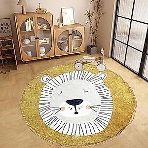 USTIDE Lion Kids Carpet, Round Baby Mat Kids Room Decoration, Washable Non-Slip Cartoon Themed Children Rug for Kindergarten Nursery School Rug Baby Playmats, 47.2''