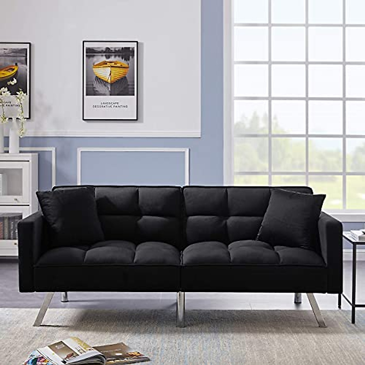 Olela Sleeper Sofa Bed Modern Tuft Futon Couch Convertible Loveseat Sleeper Reclining Sofa Bed Twin Size with Arms and 2 Pillows for Living Room, Black