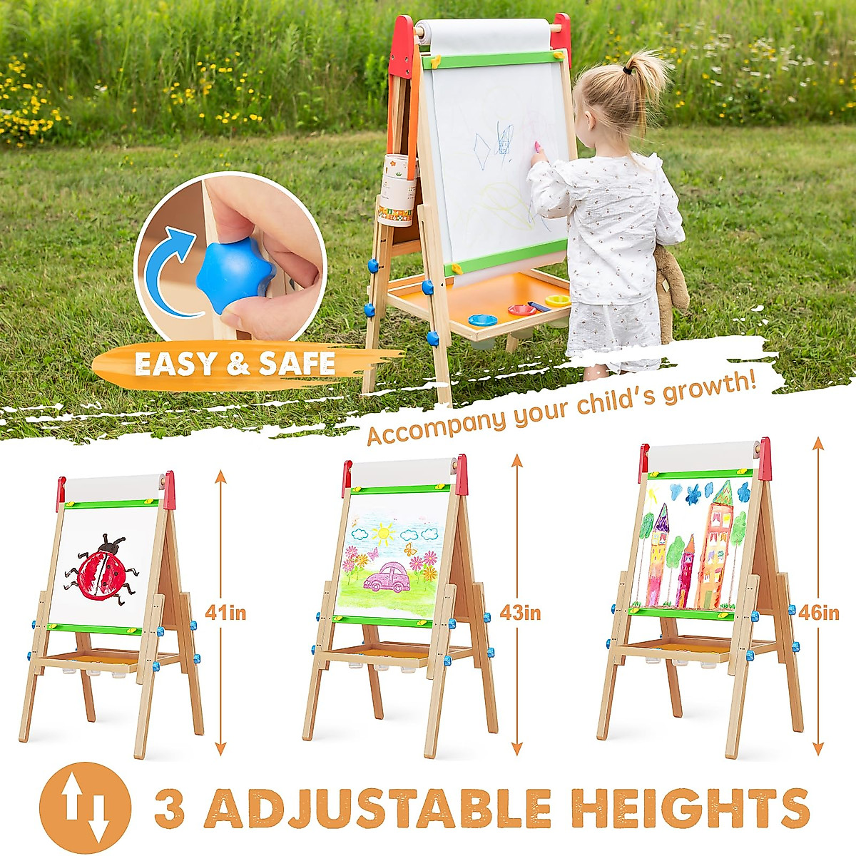 Tiny Land Easel for Kids with 2 Drawing Paper Roll, Learning-Toy for 3,4,5,6,7,8 Years Old Boy & Girls, Wooden Chalkboard & Magnetic Whiteboard & Painting Paper Stand, Gift & Art Supplies for Toddler
