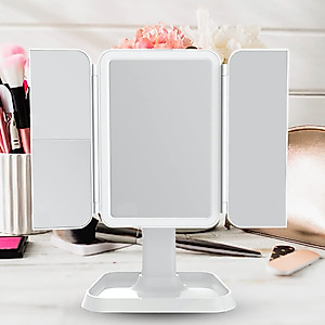LOVE YOU Studio Makeup Mirror with LED Lights for Makeup Desk - Lighted Makeup Mirror with Magnification - Tri-Fold Personal Light Mirror with Stand