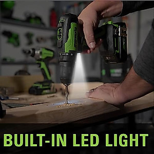 Greenworks 24V Brushless Cordless Drill Kit, 310 in./lbs, 18+1 Position Clutch, 1/2 '' Keyless Chuck, Variable Speed, (2)2Ah Batteries with 2A Charger, LED Light, 8pcs Drill Bits with Tool Bag