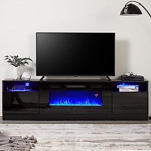 AMERLIFE 80" TV Stand with 40" Electric Fireplace Large Modern Wood Texture Media Entertainment Center with Highlight Storage Cabinet and 12 Colors LED Lights for TVs Up to 90", 80 inches, Black