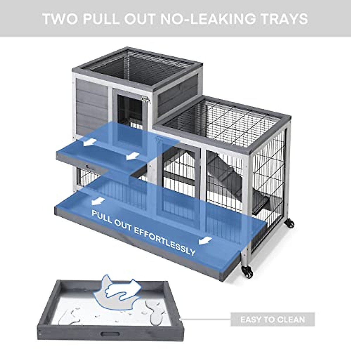BESTDOOR 43.3'' Rabbit Hutch, Wood Indoor Rabbit Cage On Brake Wheel, Outdoor Large Rolling Bunny Hutch w/Run, Small Animal Guinea Pig Hamster Hedgehog House w/2 Deeper No Leak Tray (Grey White)