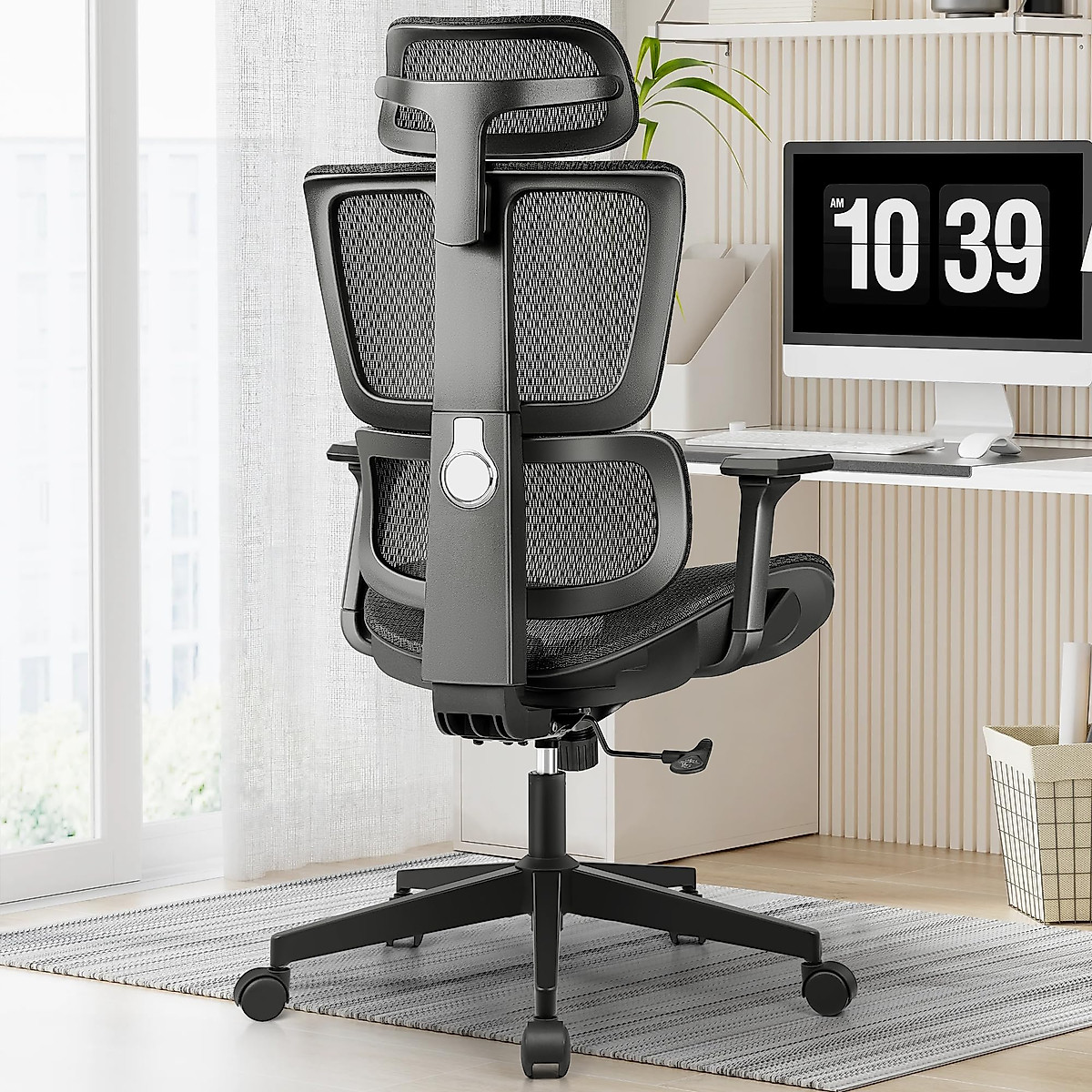 Primy Ergonomic Gaming Chair, Adjustable Lumbar Support, Breathable Mesh Seat, 360 Swivel, Black