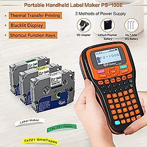 Pristar PS100E Label Maker with 7 Tapes 12mm 0.47 Laminated White, Handheld Labeler with Keyboard, Easy to Use for Tze 3.5-12mm Tapes, Multiple Line Labeling, Home Office Industrial Label Machine