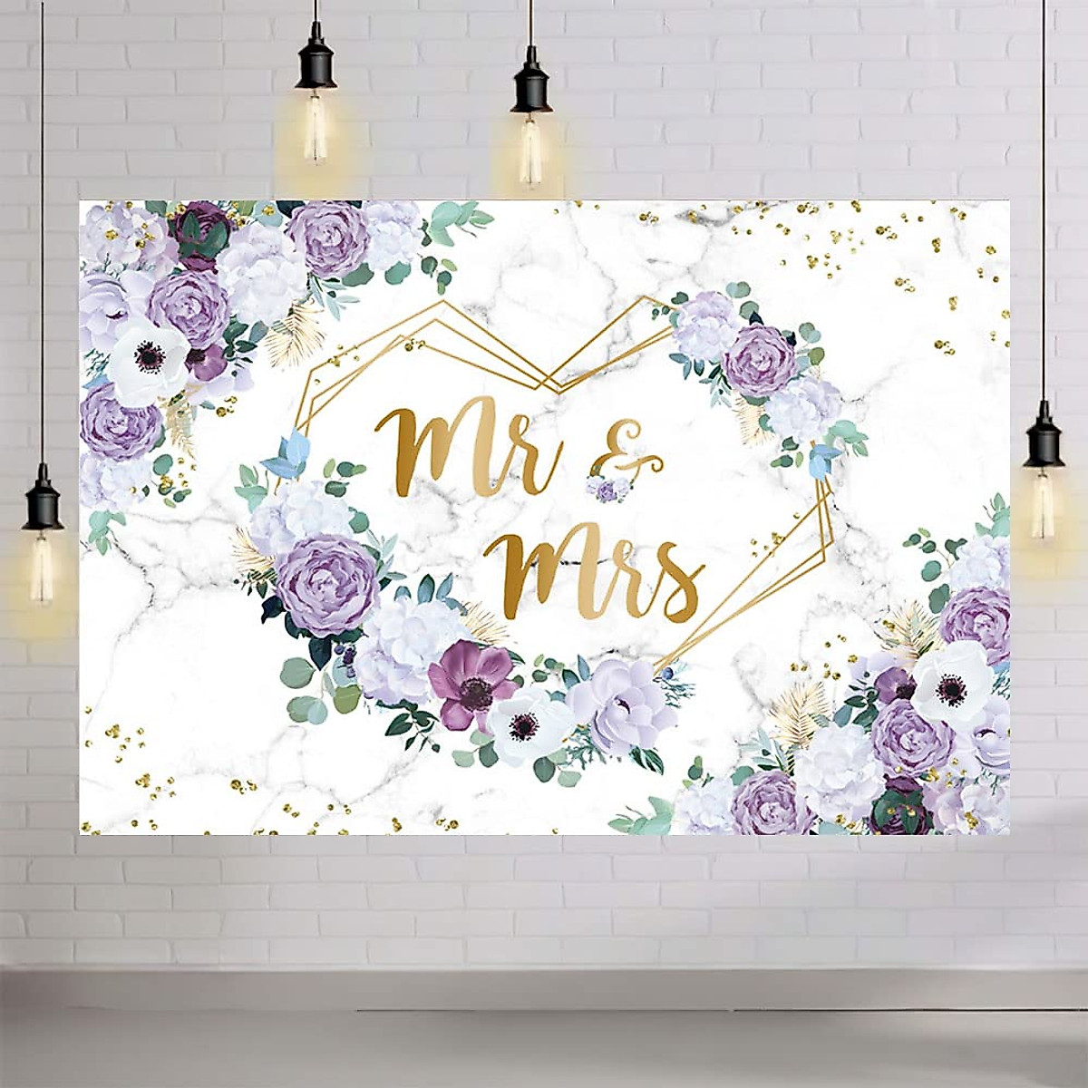 AIBIIN 7x5ft Mr and Mrs Violet Wedding Backdrop for Bridal Shower Purple and White Flowers Photography Background Hearts Geometric Couple Wedding Party Decorations Bride to Be Engagement Banner Props