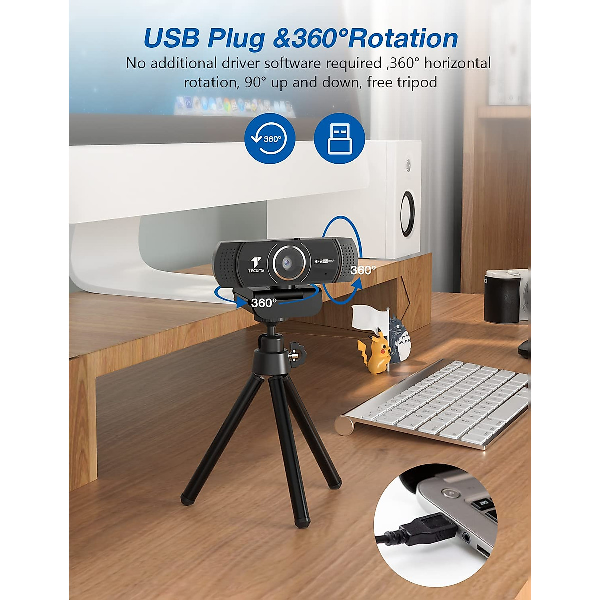 TECURS 1080P 60FPS Web Camera, HD Webcam with Microphone, Streaming Webcam with Tripod and Privacy Cover, Computer Camera for Calls/Conference, Zoom/Skype/YouTube, Laptop