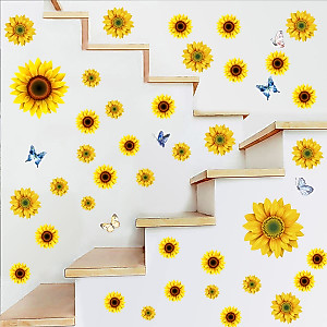 Sunflower Wall Stickers with 3D Butterfly Removable Yellow Flower Wall Decals Waterproof Sunflower Decor Mural for Nursery Baby Kids Bedroom Living Room Bathroom Kitchen Decoration (44 Pcs Yellow)