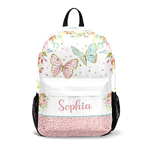 Personalized School Backpack,Floral Butterfly Pink Glitter Custom Casual 17 Inch Durable Bag for Girls Boys