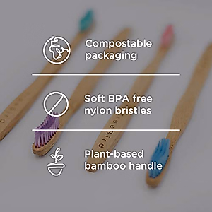 Bamboo Toothbrush 4-Pack & Compostable Silk Dental Floss with Refillable Glass Holder | Biodegradable Oral Care Set | Soft BPA-Free Bristles | Natural Eco-Friendly Gifts for Men & Women | Moso Handle