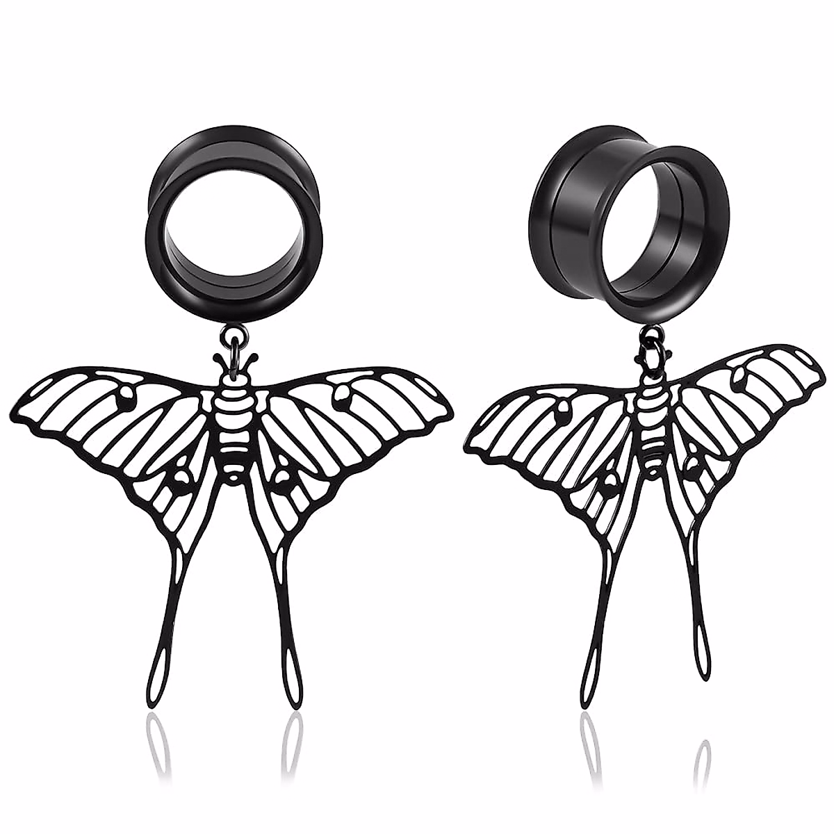 Atomhole 2PCS Butterfly Pendant Ear Plugs Tunnels Hypoallergenic Ear Gauges 316 Stainless Steel Ear Expander Stretcher Earrings Piercing Body Jewelry 2g-1" (6mm-25mm)