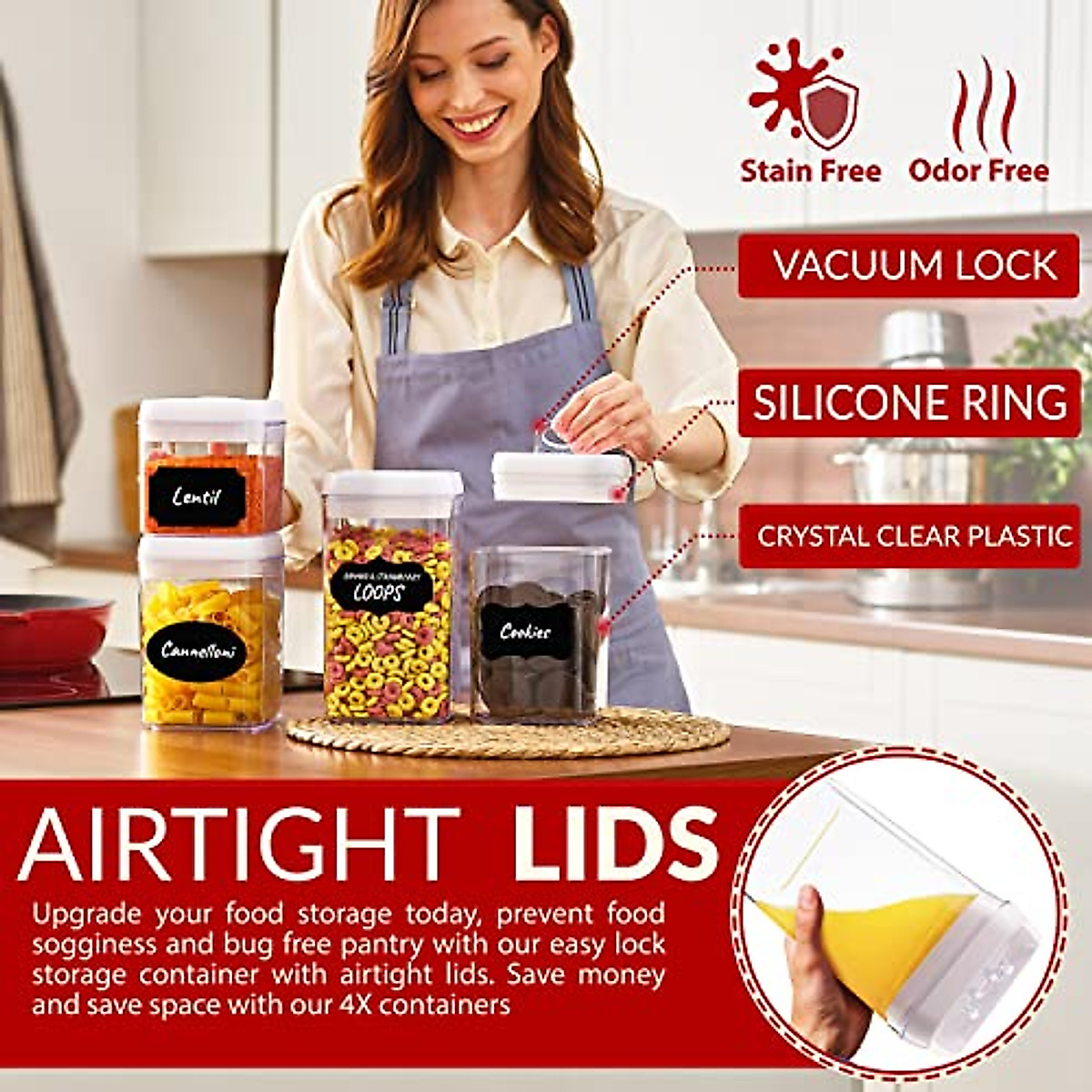 Airtight Food Storage Containers - Set of 4PC Kitchen & Pantry Organization Storage Container with Easy Lock Lids for Cereal, Flour, Sugar & Dry Food Plastic Stackable Canisters (White) 1.8gal/6.7L