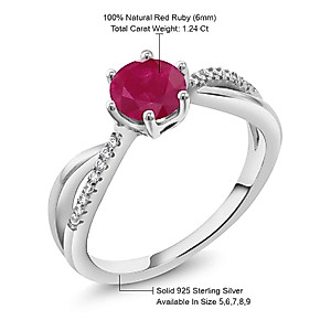 Gem Stone King 925 Sterling Silver Red Ruby Gemstone Birthstone Wedding Engagement Women's Ring 6 Prongs (1.24 Cttw Round) (Size 6)