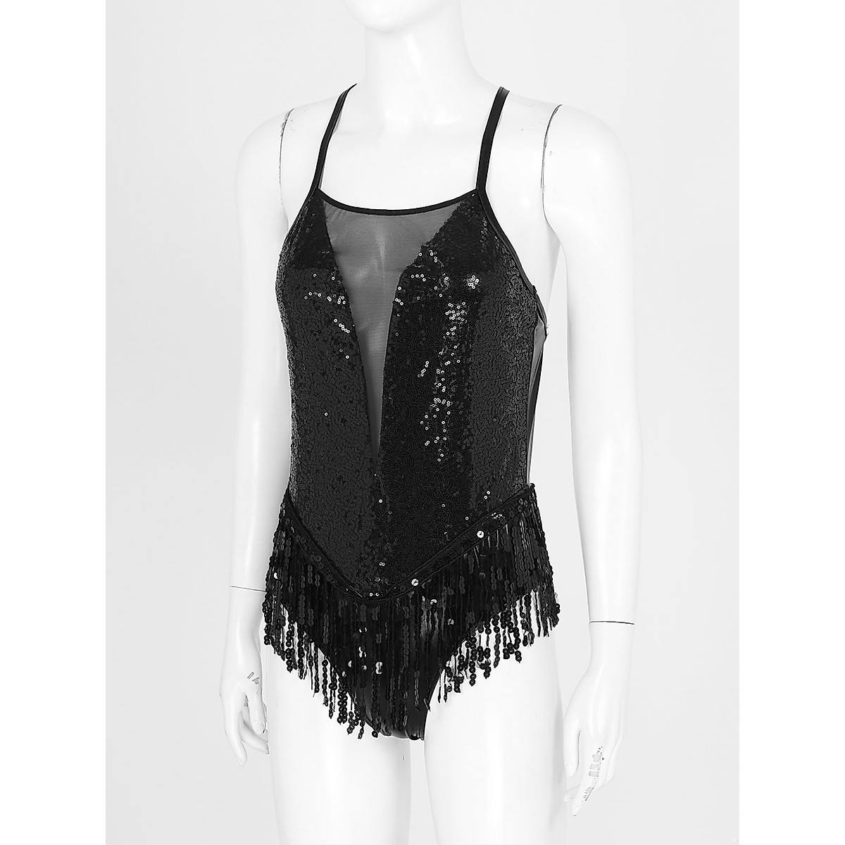 WinChang Womens Mesh Splice Sequin Leotard with Fringe for Latin Dance Gymnastics Bodysuit Black A Small