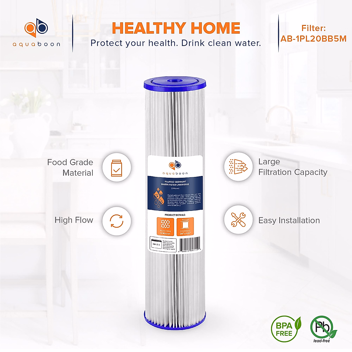 Aquaboon Whole House Sediment Water Filter - 4.5 x 20 Water Filter - 5 Micron Pleated Whole House Water Filter Cartridge Compatible w/AquaPure AP810 2, Pentek ECP5-BB, Hydronix SPC-45-1005 (4 Pack)