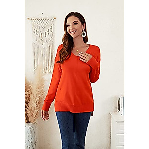 MicroStar Women's Spring Casual Lightweight V Neck Batwing Long Sleeve Knit Top Loose Pullover Sweater Orange