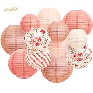 NICROLANDEE Wedding Party Decorations - 12PCS Rose Gold Vintage Floral Paper Lanterns Hanging Decorations for Engagement, Anniversary, Bridal Shower, Baby Shower, Bachelorette, Birthday Party
