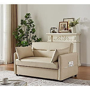 Melpomene Loveseat Sleeper Faux Leather Couch w/Pull-Out Bed and Adjustable Back, 57.1" Modern Convertible Sofa Bed w/ 2 Side Pockets and 2 Pillows (Khaki)