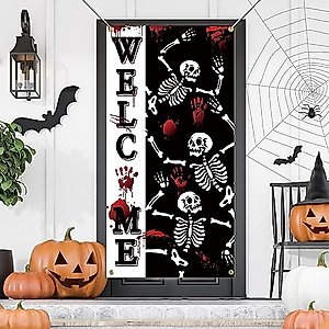 SENSEVEN Halloween Skull Door Banner, Scary Spooky Skeleton Halloween Welcome Door Cover, Day of The Dead Skeleton Halloween Holiday Porch Sign Door Decor Backdrop Banner 70.9 x 35.4 Inches