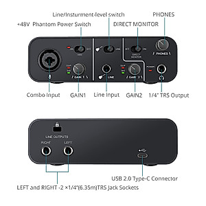 USB Audio Interface 2 In 2 Out with 48V Phantom Power,YGiTK USB-C Audio Interface for PC/Win/Mac Recording, Streaming and Podcasting, Audio Box (Microphone Cable Included)