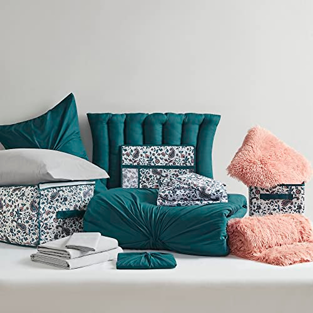 Comfort Spaces 17 Piece Bed in A Bag Comforter Set Include Sheets with 2 Side Pockets - All Season Cozy Bedding and Bedroom Organizer, College Dorm Room Essentials, Full, Henry, Teal