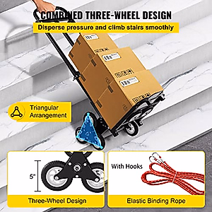 VEVOR Stair Climbing Cart, Portable Folding Trolley with 8 Wheels, 460 Lb Capacity Stair Climber Hand Truck with Adjustable Handle for Pulling, All Terrain Heavy Duty Dolly Cart for Stairs, Black