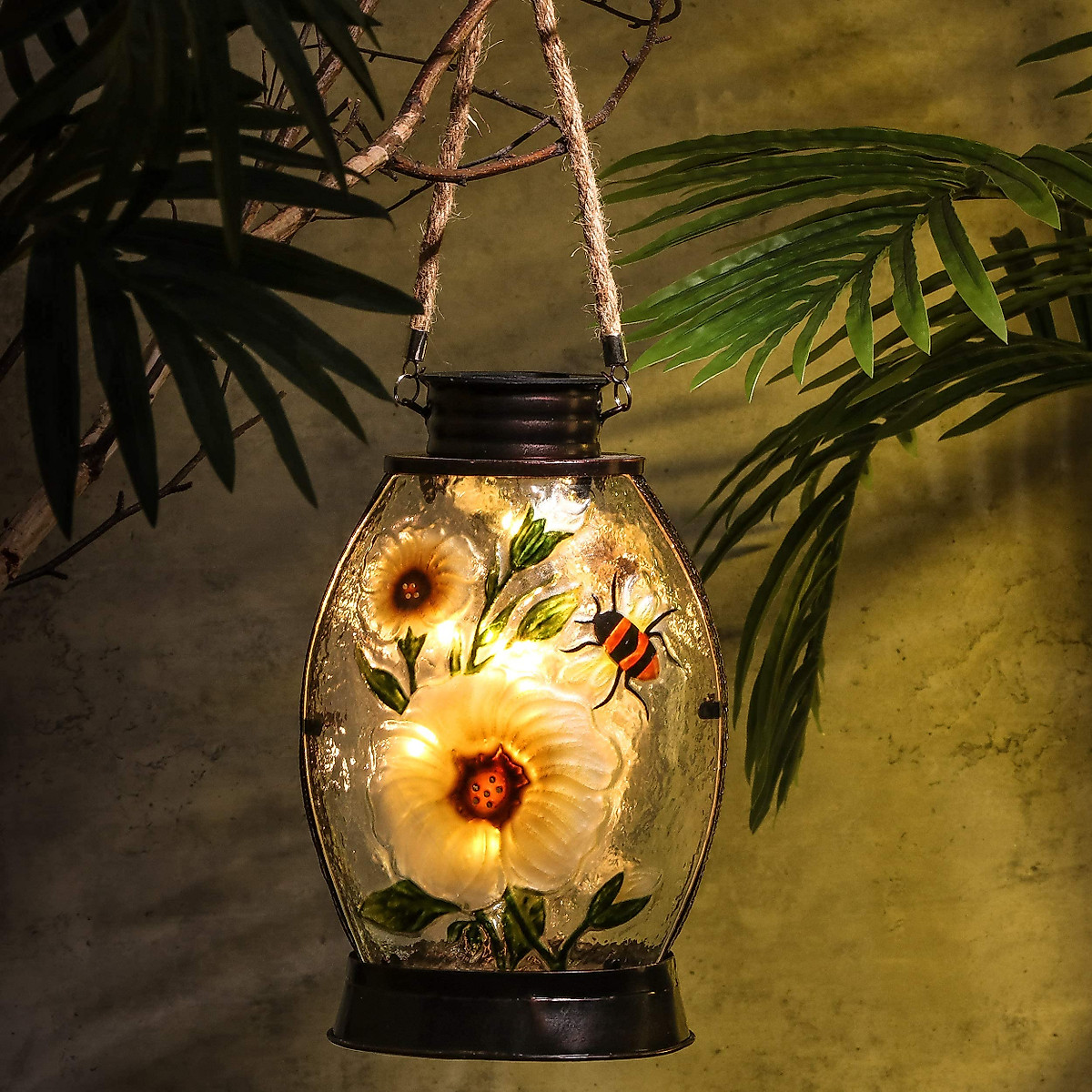 TERESA'S COLLECTIONS Glass Decorative Hanging Outdoor Solar Lanterns Bundle(2PCS) | Bee Gathering Honey Lantern and Blue Heron Lantern for Home Garden Patio Lawn Yard Decor