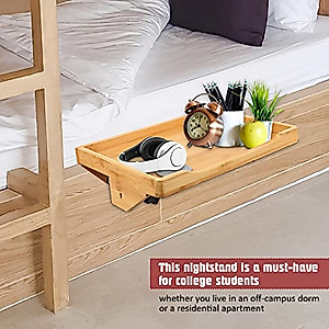 HTTYYX Bamboo Bedside Shelf for Bed – with 2pc S Hooks & Cable Management - Floating Nightstand for Student – Bunk Bed Shelf for Top Bunk – Kids Nightstand for Bedroom (Bamboo, Original Wood Color)