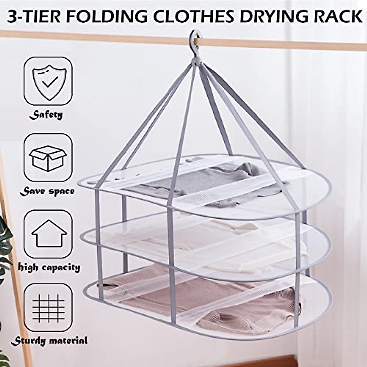 WEISGJA 3 Tier Folding Mesh Clothes Drying Rack, Stackable Sweater Drying Rack with Internal Fixation, Portable Hanging Laundry Rack for T-Shirt,Swimsuit,Sweater,Delicates (2 Pack)