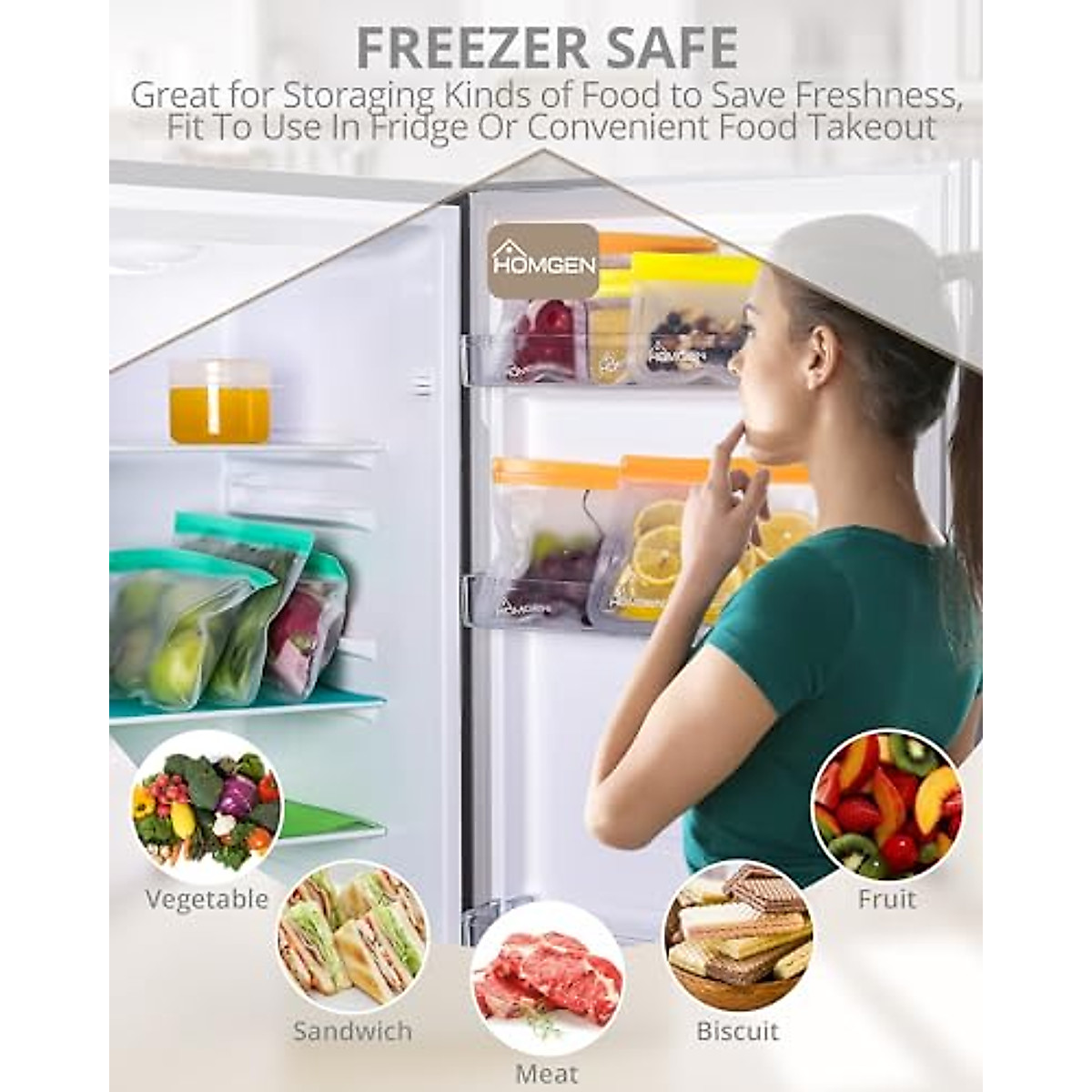 HOMGEN Reusable Storage Bags, 26Pcs BPA Free PEVA Fridge Reusable Storage Bags Leak Proof Resuable Freezer Bags, Reusable Gallon Bags, Reusable Sandwich Bags for Meat Fruit Veggies etc