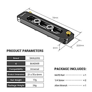 SMALLRIG Universal Low-Profile Quick Release NATO Rail Safety Rail 70mm/2.8inches Long with 1/4'' Screws for NATO Handle Camera Cage EVF Mount – BUN2483