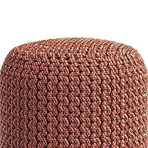 Pemberly Row Round Pouf Ottoman, Small Hand Knitted Hassock Footrest for Living Room, Cotton Woven Bean Bag Foot Stool for Couch, Orange Cloth Puff Chair for Floor, 18"x18"x18"