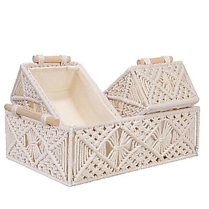ANMINY Macrame Storage Baskets 3PCS Handmade Woven Cotton Rope Storage Bins Set Decorative Boho Boxes with Wood Handles Removable Washable Linen Liner Countertop Toilet Tank Shelf Cabinet Organizer