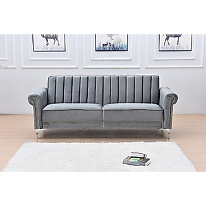 Legend Vansen Loveseat Tight Back Convertible Velvet Sofa Sleeper Living Room and Bedroom Sofabed, 85'' Wide, Grey
